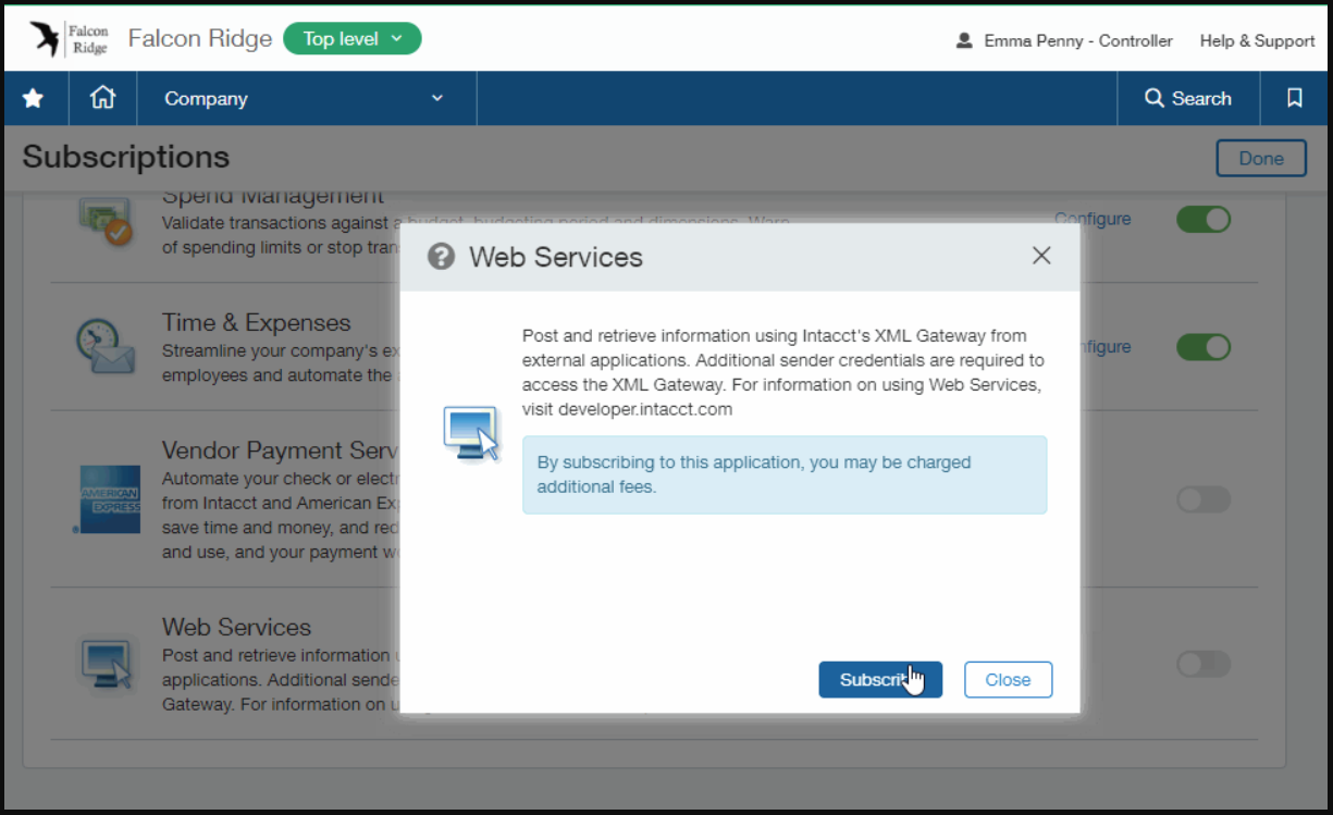 Creating Web Service credentials in Sage Intacct using the User-based Permission Type